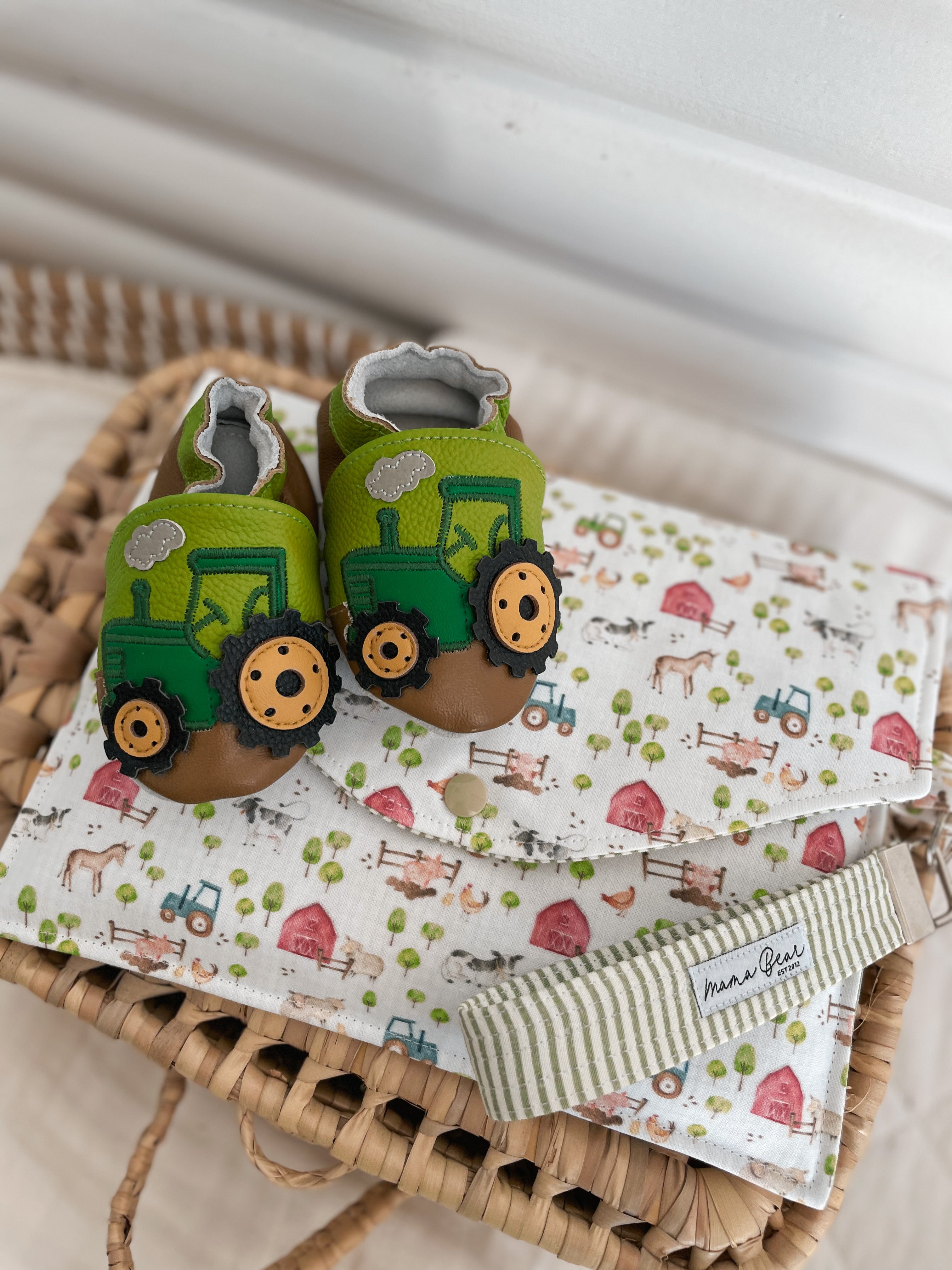 Nappy Wallet & Tractor Moccasin Set | Farm Days – Mama Bear